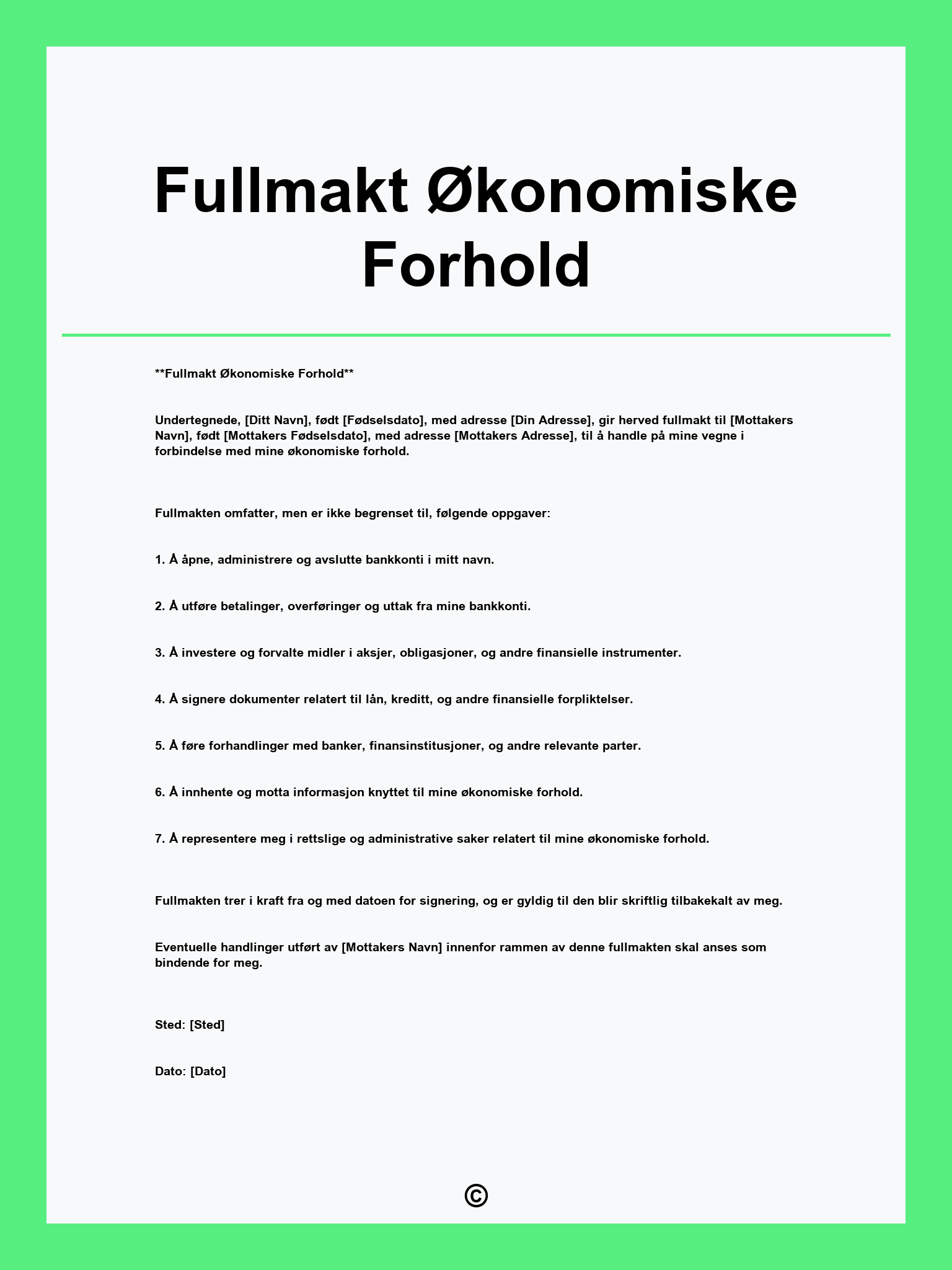 Fullmakt Økonomiske Forhold
